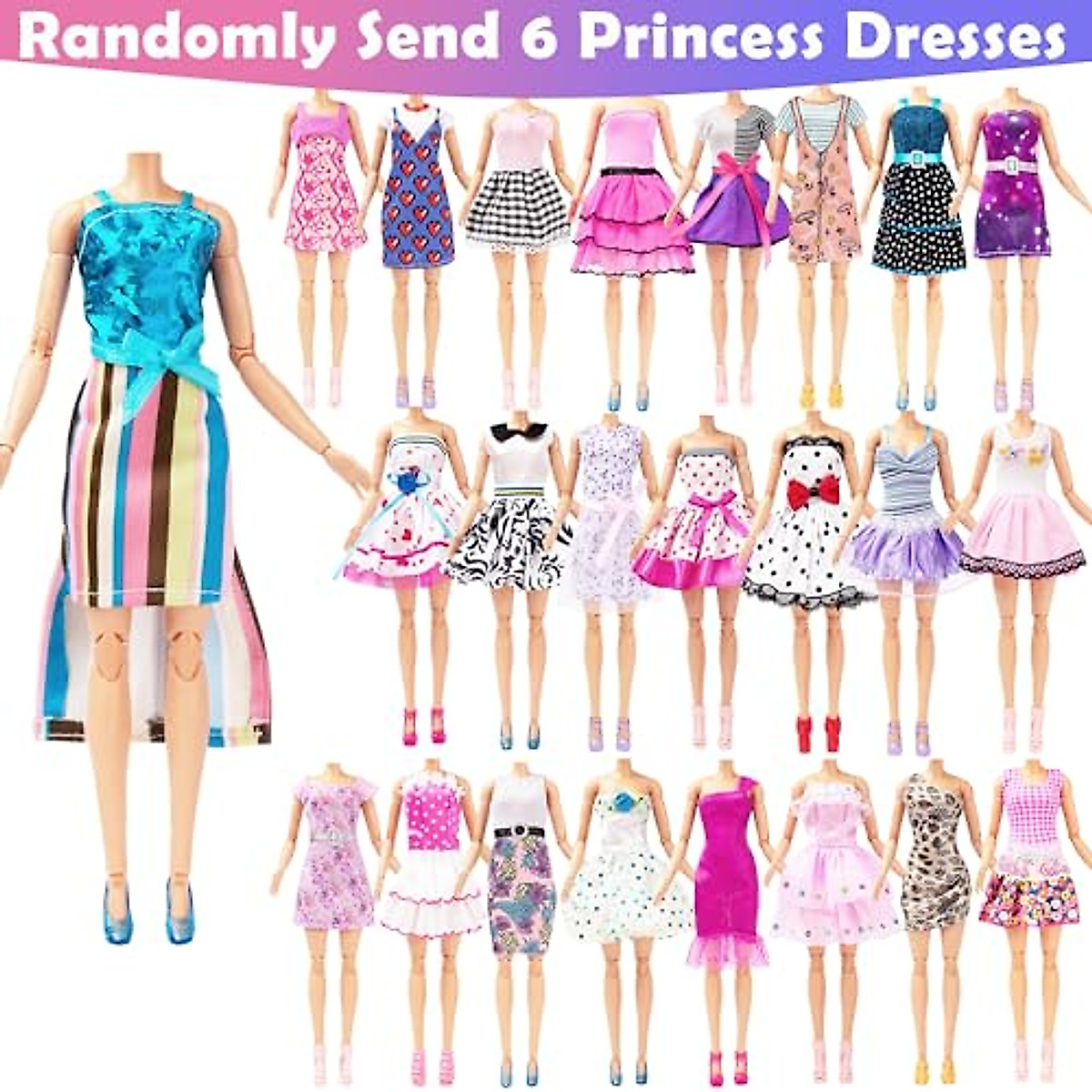 38 Pack Doll Clothes and Accessories - 6 PCS Fashion Dress 6 Tops 6 Skirt Set 3 Sets Swimsuit Bikini 3 Crown Necklace Bracelet Hanger 10shoes