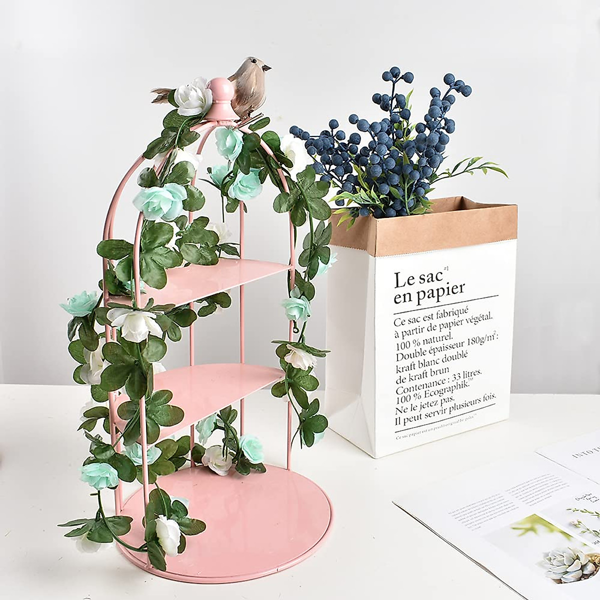 VIOCIWUO Artificial Rose Vine Plant 5 Pack 41 FT, Fake Flower Hanging Rose Ivy Garland for Home Kitchen Office Garden Wedding Art Decorations(Blue&White)