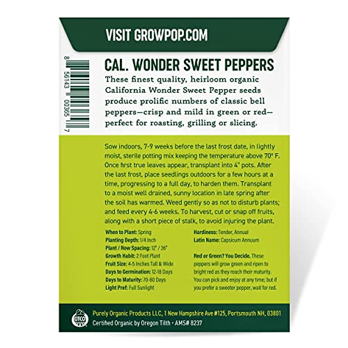 Purely Organic Products Purely Organic Heirloom Sweet Pepper Seeds (California Wonder) - Approx 35 Seeds