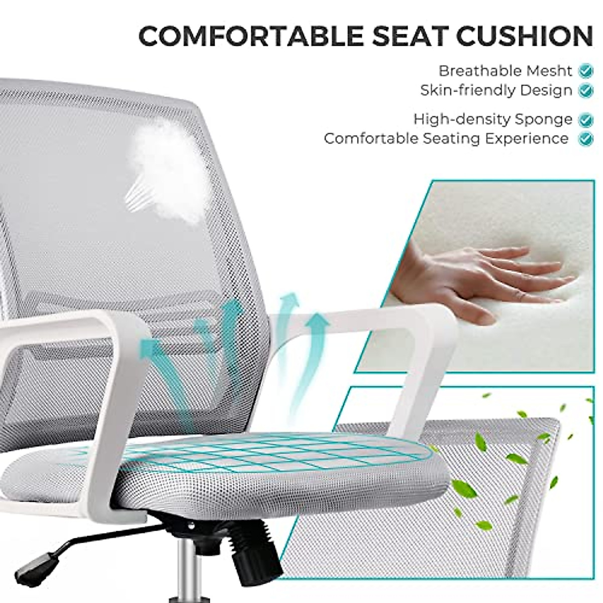 Office Chair, Desk Chair Ergonomic Mesh Office Chair Mesh Grey Computer Chair, Home Office Desk Chairs with Wheels, Mid Back Office Desk Chair Rolling Swivel Task Chair with Lumbar Support Armrests