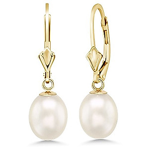 Gem Stone King 14K Yellow Gold 9MM Cultured Freshwater Pearl Dangle Earrings For Women