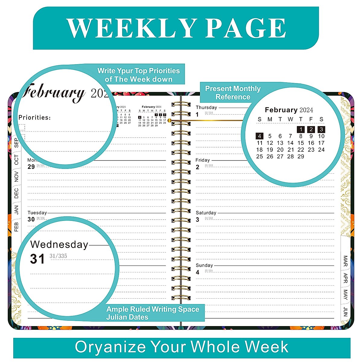 2023 Planner, Jul. 2023 – Jun. 2024, Academic Planner 2023-2024, 8.4" x 6.2" with Weekly ＆ Monthly Spread, Spiral Planner Notebook, Elastic Closure, Inner Pocket, Coated Tabs, Floral
