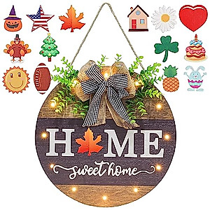 Interchangeable Welcome Sign for Front Door with 14 Changeable Icons, Farmhouse Front Porch Decor Rustic Wooden Wall Sign with 12 LED Lights, Outdoor Seasonal Welcome Home Decorations (Wood home1)