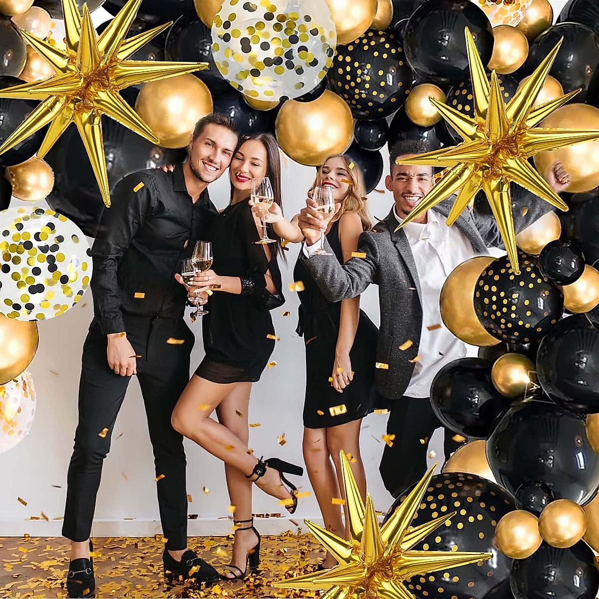 Cadeya 75 Pcs Black Gold Confetti Balloons, Huge Gold Explosion Star Aluminum Foil Balloons for Birthday, Graduation, Wedding, Baby Shower, Black and Gold Party Decorations Supplies