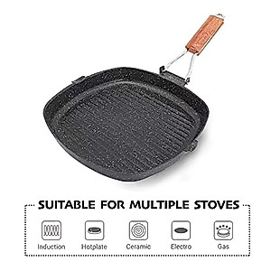 Aroplor Steak Non-Stick Frying Pan With Folding Handle Pot 11-inch Square Griddle Pans Steak Bacon Baking Tool Easy To Clean Wooden Handle
