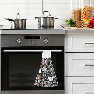 Oarencol Coffee Theme Beans Pattern Kitchen Hand Towel Absorbent Hanging Tie Towels with Loop for Bathroom 2 Pcs