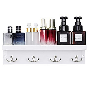 Hoanvi Floating Shelves with 8 Hooks for Bathroom Coat Rack, Wood Wall Key Holder Hooks Storage for Photo Ledge Display, Wall Mount Shelf Organizer for Kitchen Spice Rack, Entryway Decor. (White)