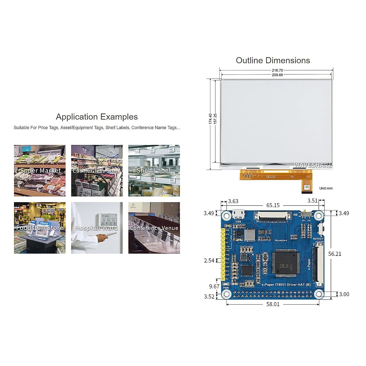 waveshare 10.3inch E-Paper E-Ink Display HAT Compatible with Raspberry Pi4B/3B+/3B/2B/B+/A+/Zero/Zero W/WH/Zero 2W 1872×1404 Pixels Black/White 2-16 Grey Scales USB/SPI/I80 Supports Partial Refresh