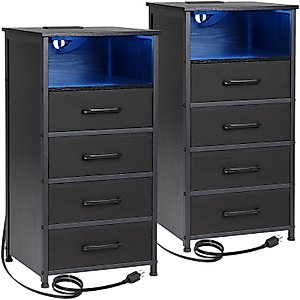 LOAKEKEL Night Stand, Tall Nightstand Set of 2 with Charging Station, Black Dresser for Bedroom with 4 Drawers, LED End Tables with USB Ports and Outlets, Bedside Table with Storage Bins, HNS034BK
