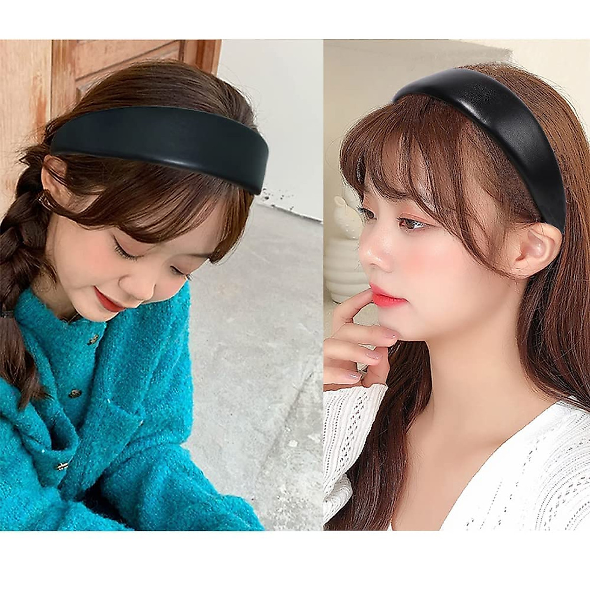 3 Pack Leather Headband for Women Wide PU Padded Headband Fashion Comfy Headbands Hairband for Women and Girls (No1(Black+Brown+Beige))