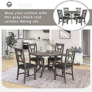Retro 5-Piece Wood Dining Table Set with Round Table with Cross Legs and 4 Upholstered Chairs,for Small Places,Kitchen and Studio,Classic and Comfortable (Gray#A)
