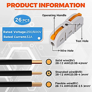 JOMERON 26 PCS Lever Wire Connectors, 1 to 1 Inline Electrical Lever Wire Connectors kit for Quick Connect, pushin Compact Splicing Lever Wire Connectors, Butt Terminals for Wiring 28-12 AWG