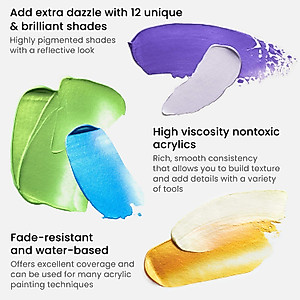 ARTEZA Metallic Acrylic Paint Set of 12 Colors, 0.74 ounce Tubes, Rich Pigments, Non Toxic Artist Paints for Hobby Painters, Ideal for Canvas Painting