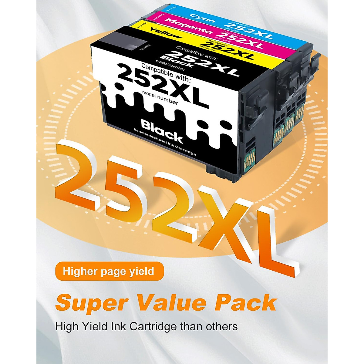 252 XL 252XL Ink Cartridges Remanufactured Replacement for Epson 252XL Ink Cartridges Combo Pack, T252 Ink Cartridges for Epson Printer WF-3640 WF-7720 WF-3620 WF-7710 WF-7620 WF-7610 WF-7210(4 Pack)