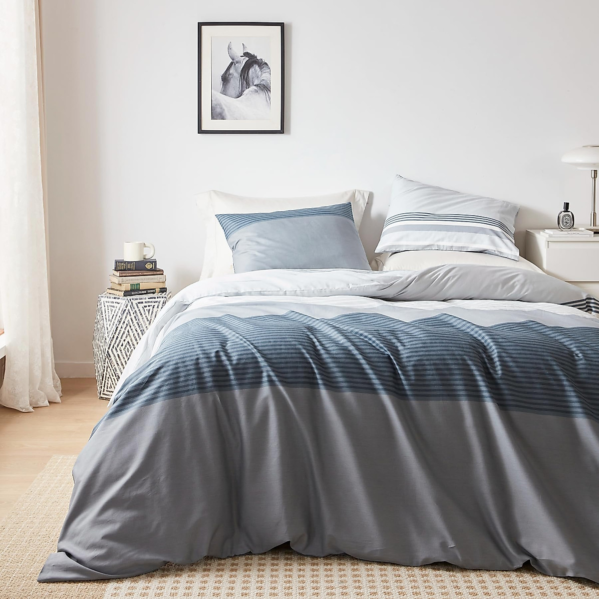 YuHeGuoJi Teal Blue Geometric Duvet Cover King 100% Cotton 3 Pcs Set 1 Neutral Grey Striped Duvet Cover with Zipper Ties 2 Pillowcases Modern White Pinstripe Bedding Set