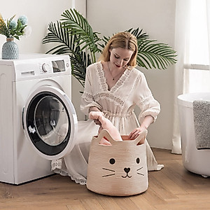 YOUDENOVA Large Woven Cotton Rope Storage Basket, Nursery Hamper with Handles for Blanket, Toys, Towels,Clothes, Baby Gift Baskets, Jute 15.7" L×13.4" H