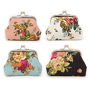 Honbay 4PCS Canvas Floral Rose Flower Coin Purse Kiss Lock Change Purse Vintage Trinkets Pouch Small Women Wallet Clutch Purse