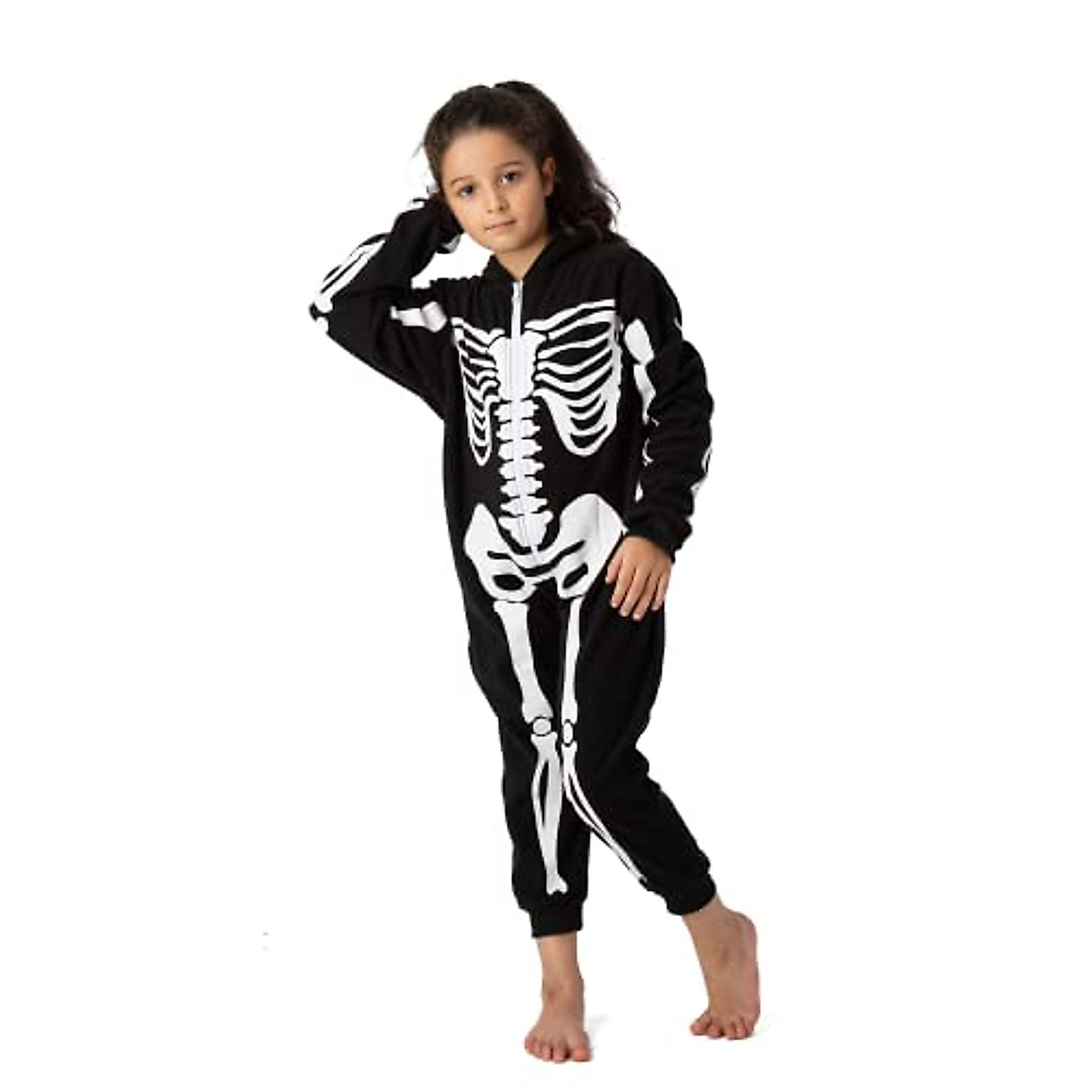 Spooktacular Creations Halloween Unisex Skeleton Costume Pajama Kids Jumpsuit Dress Up Party Hoodie Cosplay, XL