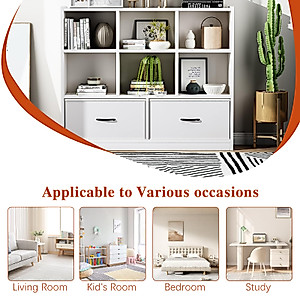 Adompacat Cube Bookshelf Storage Organizer Bookcase,8 Cube Open Mid-Centur Shelf,Freestanding Display Bookshelve, Modern Wide Kids Toy Shelf with Drawers for Bedroom Living Room Office(White)