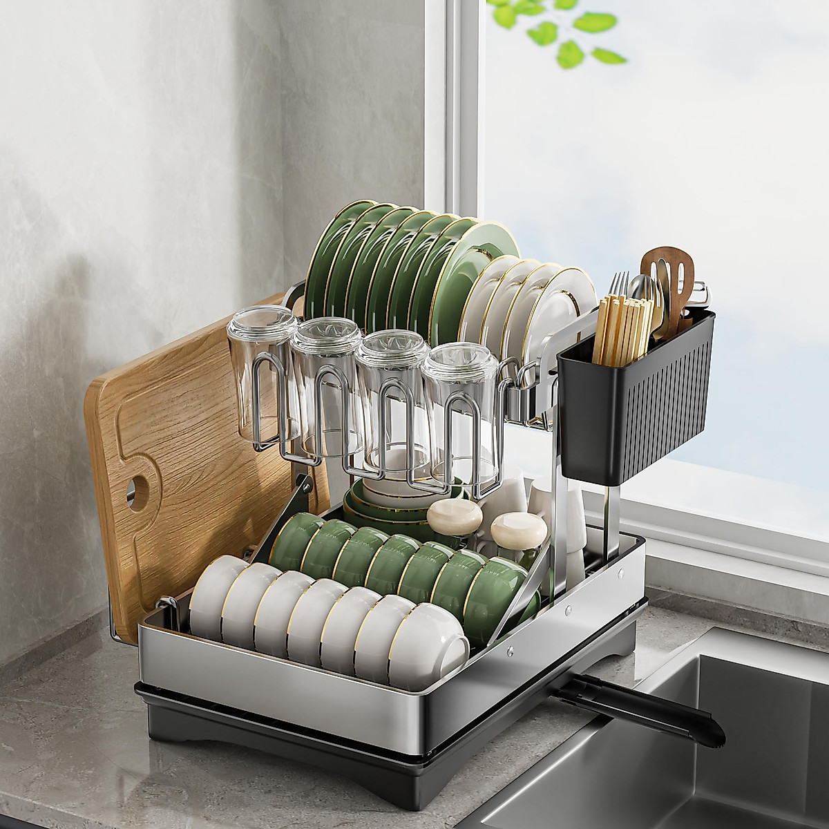 Stainless Steel Dish Drying Rack 2 Tier, Large Dish Racks for Kitchen Counter,Dish Drainer and Dish Rack with Drain of Rotatable Spout，Collapsible Dish Drying Rack for Kitchen Counter of family,Black