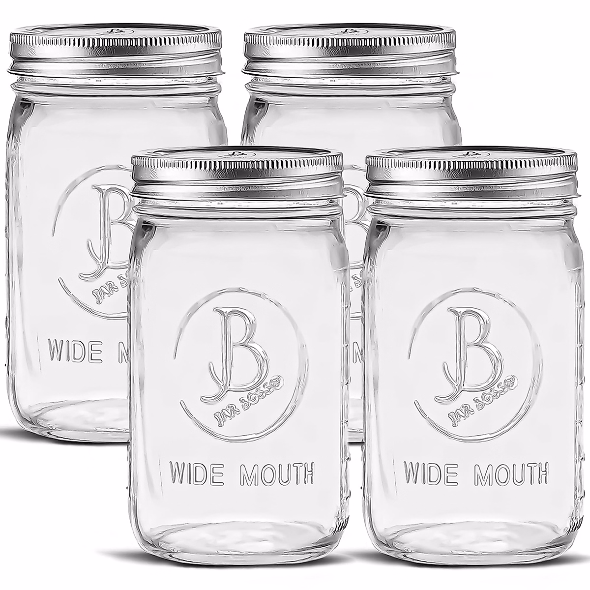 Wide Mouth Mason Jars 32 oz - (4 Pack) - Clear Glass Quart Mason Jars With Airtight Lids and Bands. For Storage, Canning, Fermenting, Meal Prep, Cold Brew Coffee, Freezing, Microwave & Dishwasher Safe