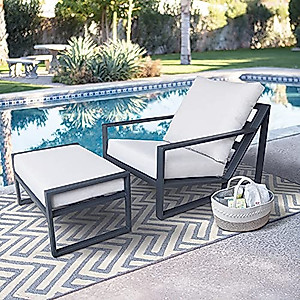 Outdoor Chaise Lounge Chair with Ottomans, Indoor Outdoor Patio Conversation Chair Set of 2 with Ottoman and Beige Cushion, All Weather Aluminum Outdoor Recliner Armchair Set, Charcoal Black Frame