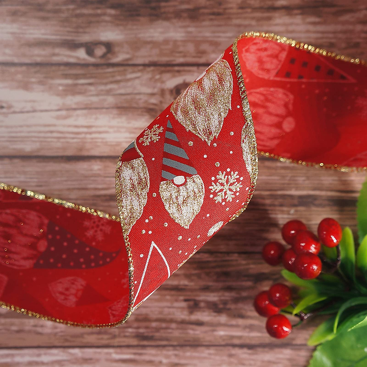 CT CRAFT LLC Red Satin with Elf Christmas Wired Ribbon 2.5 Inch x 25 Yards for Christmas Home Decor Tree Topper Bow Gift Wrapping DIY Crafts Wreath Garland