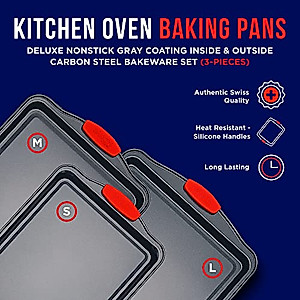Baking Pan Set – 3 Piece Cookie Sheet – Deluxe Black Non-Stick Carbon Steel – Silicone Handles – Commercial Grade Restaurant Quality – PFOA PFOS and PTFE Free by Bakken