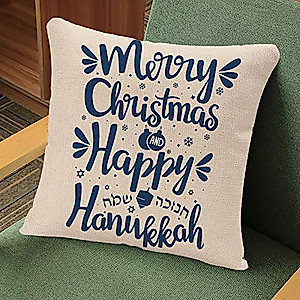 YGGQF Throw Pillow Covers Festival Hand Written Lettering with Text Happy Hanukkah and Merry Christmas Hanuka Pillow Case 18x18 Inch Square Cushion Cover Pillowcase