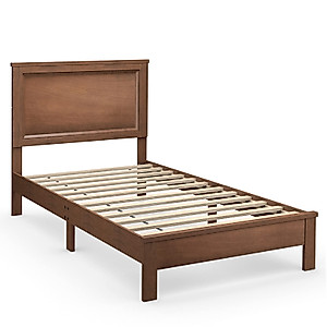KOMFOTT Twin Size Wood Platform Bed Frame with Headboard, Wooden Mid Century Platform Bed with Slat Support & Under Bed Storage, Mattress Foundation Bed Base, No Box Spring Needed, Walnut