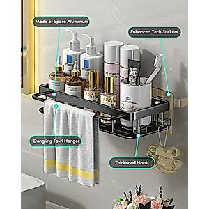 Fegat Shower Caddy, Enhanced Self Adhesive shower Organizer, No Drilling Bathroom Shower Shelf With Towel Rack and 2 Hooks, Space Aluminum With Anticorrosion Process, Black