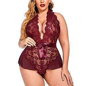 Avidlove Women's Plus Size Lace Babydoll Bodysuit One Piece Lingerie Sexy Halter Teddy Dark Red 18 Plus