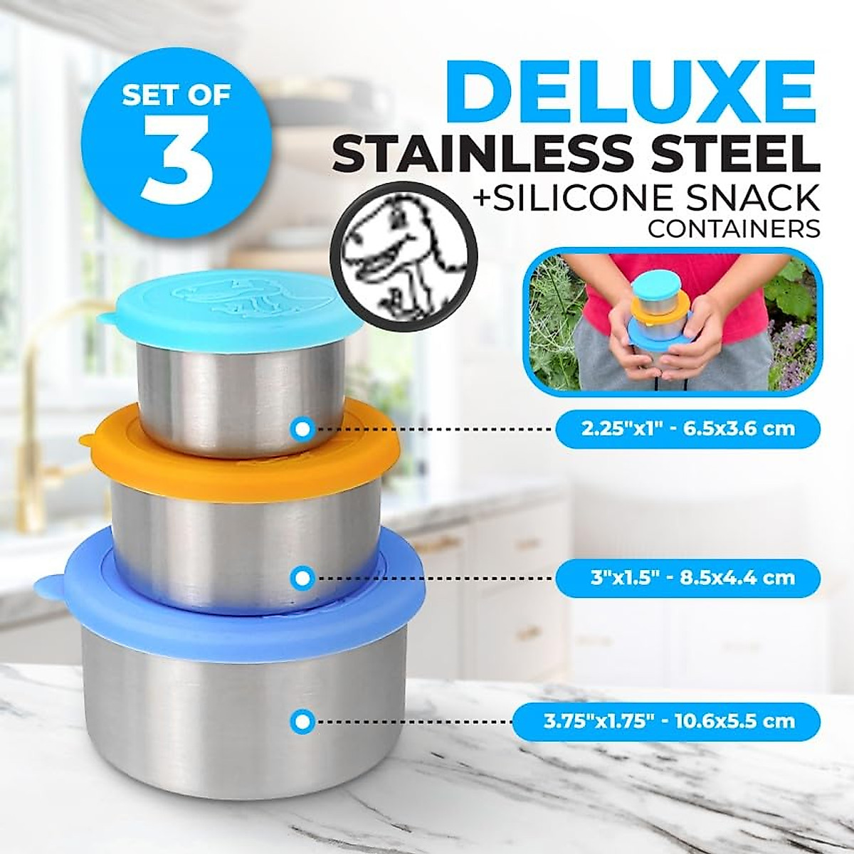 Dinosaur Stainless Steel Snack Containers for Kids Toddlers, Lunch Box Cups for Boys, Reusable Metal Holder Cup with No-Spill Silicone Lids, Food Storage for Daycare School Travel Snacks 3 pack Blue