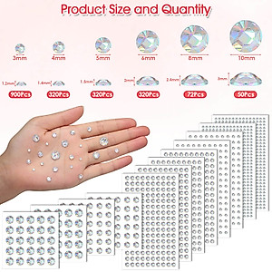 1982 Pieces Crystal AB Hair Rhinestones Stickers, Self Adhesive Face Rhinestones Stick on Bling Gems Jewels Stickers for Hair Face Body Makeup Clothes Shoes Bags DIY Craft, 6 Sizes