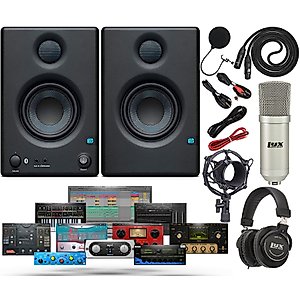 PreSonus Pair of Eris E3.5 BT 2-Way Studio Bluetooth Monitors with Studio One Prime DAW Studio Magic and Plug-in Suite Software Pack and LyxPro Condenser Recording Microphone Kit and Headphones