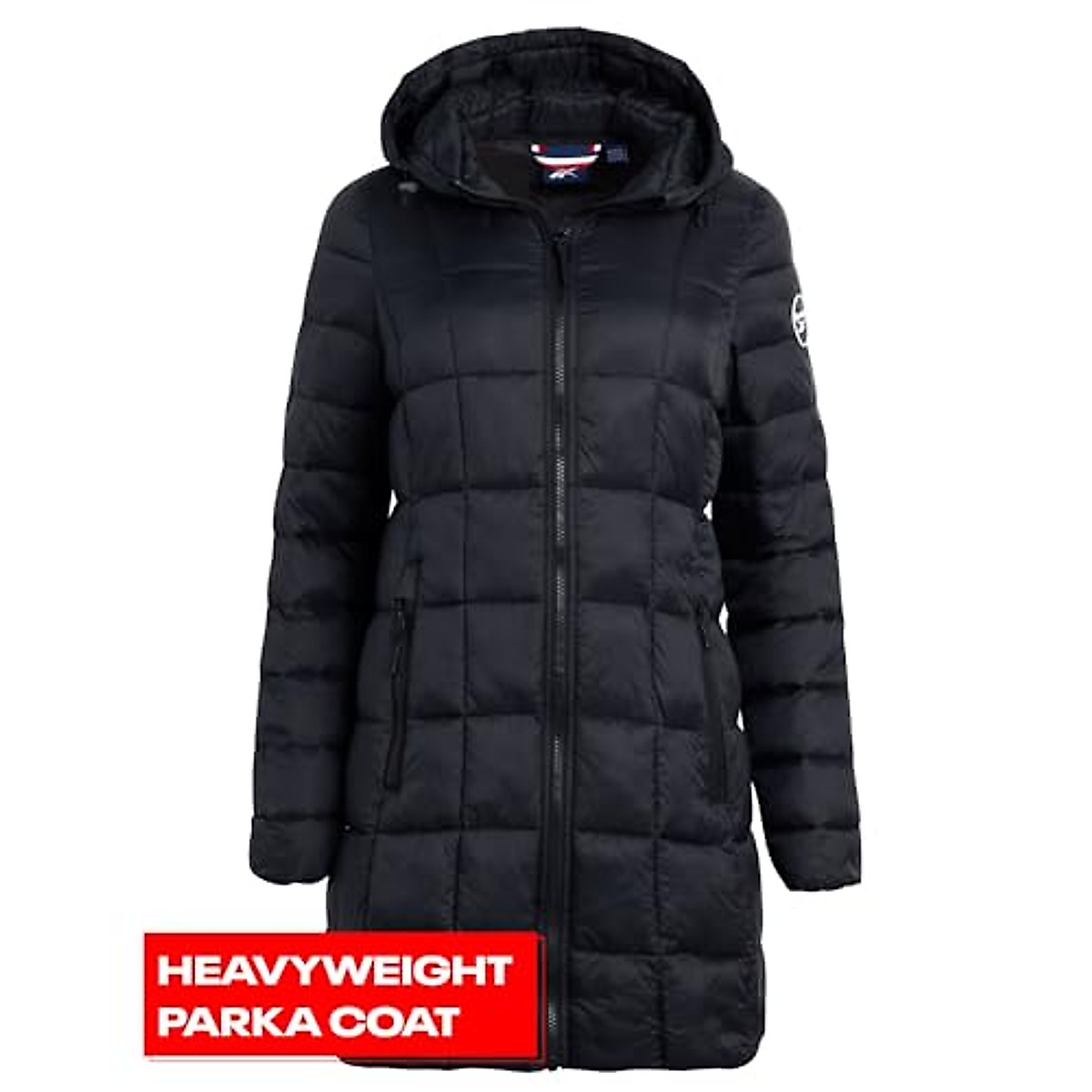 Reebok Women's Winter Jacket - Long Length Quilted Puffer Parka - Heavyweight Outerwear Coat for Women (S-XL), Size Medium, Black