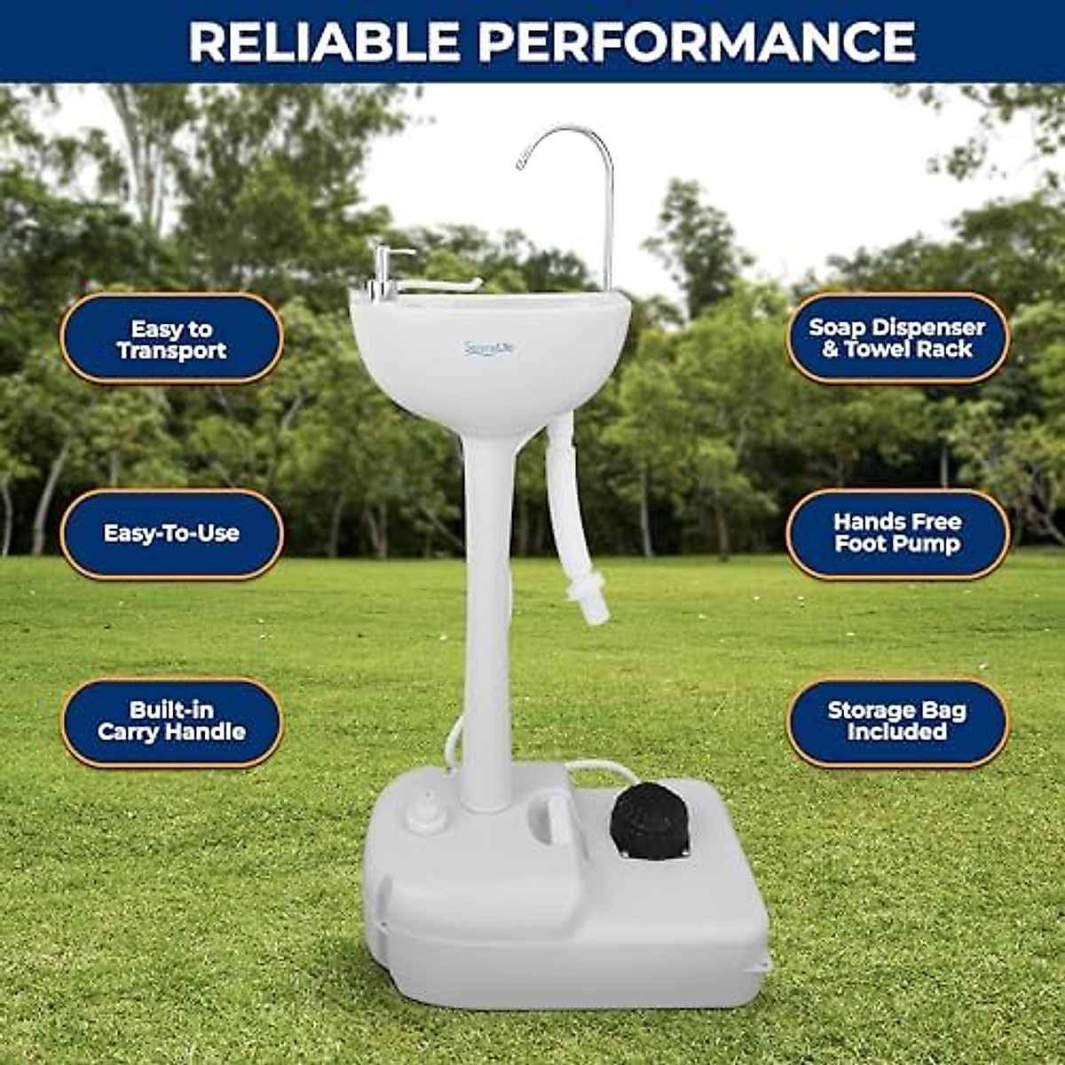 SereneLife Portable Camping Sink with 19L (5+ Gallon) Water Tank, Hands-Free Foot Pump, Soap Dispenser & Towel Holder, Compact Design with Carry Handle – Perfect for Camping, Worksites, Outdoors