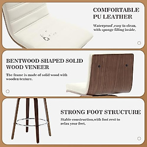 Bekrvio Bar Stools Set of 3 Swivel Bar Stools with Backs, 29 Inch Bar Height Upholstered PU Leather Barstool, L Shape Back, Padded Seat, Mid-Century Modern Bar Stool Chairs for Kitchen Island, White