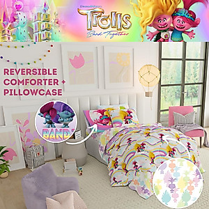 Franco DreamWorks Trolls 3 Band Together Kids 5 Piece Bedding Super Soft Reversible Comforter and Sheet Set with Sham, Twin, (Officially Licensed Product)
