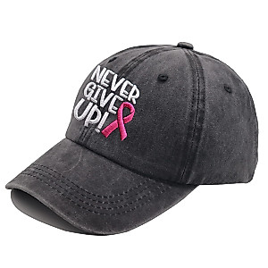 HHNLB Women's Pink Ribbon Breast Cancer Awareness Hat, Funny Survivor Gifts for Women, Embroidered Adjustable Never Give Up Baseball Cap