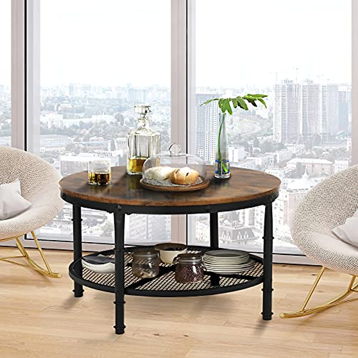 STHOUYN Small Round Coffee Table with Storage, Rustic Center Table for Living Room, Wood Surface Top & Metal Legs & Open 2-Tier Shelf, Save Space, Brown