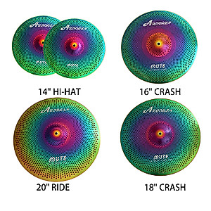 Arborea Mute Cymbal Set Low Volume Cymbal Pack 14"hi-hat+16"crash+18"crash+20"ride 5 Pieces Rainbow Drummer Practice Cymbal