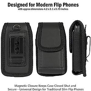 Black Vegan Leather Vertical Pouch Case for Alcatel Go Flip V, Go Flip 4, TCL Flip Pro Flip Go TCL Classic, Cingular Flip 2 3 4, Nokia 2720 V 2760 Flip Phone Case [with Belt Loop, Magnetic Closure]