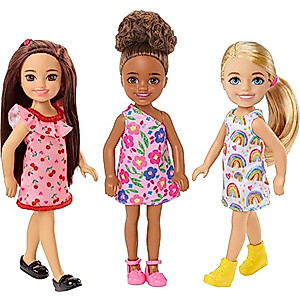 Barbie Chelsea Dolls, Set of 3: 1 Blonde & 2 Brunette Small Dolls with Removable Dresses & Shoes, Colorful Prints (Amazon Exclusive)