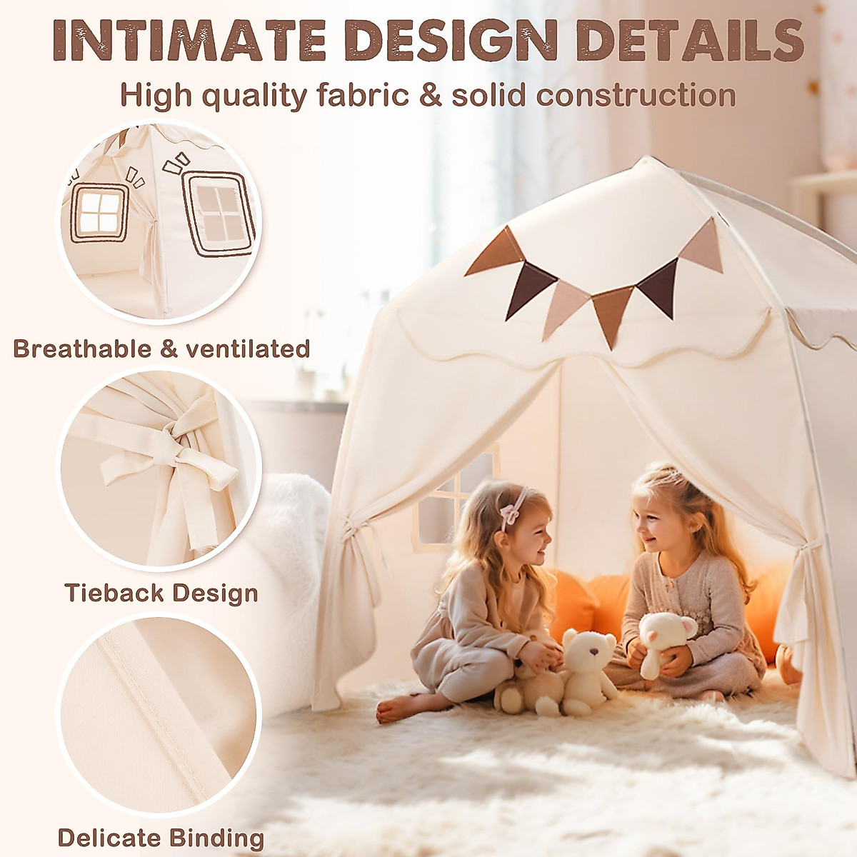 Large Kids Play Tent with Flags & Star Lights, Portable & Foldable Teepee, Bed Tent Bed Canopy for Boys & Girls, Indoor Outdoor Dome Tent Playhouse, Kids Birthday Gift, 51x39x51 in