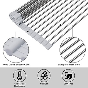 Elyum Dish Drying Rack Over The Sink Dish Drying Rack Stainless Steel Roll Up Dish Drying Rack Foldable Dish Rack for Kitchen Counter Dishes Cups Bottles Fruits Forks (17.7” x 10.2”, Gray)