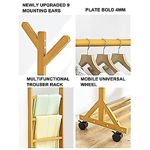 YXDFG Rolling Closet Organizer Shoe Rack,Bamboo Clothes Drying Rack,Coat Rack Stand Garment Rack Rail W/9 Side Hooks,Hall Tree Entryway Bedroom Storage Shelves Clothes Hanging Rack,Brown