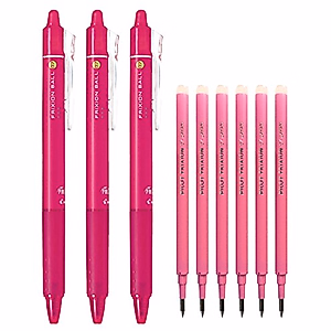 Pilot FriXion Ball Knock Retractable Erasable Gel Ink Pens, Fine Point 0.7mm, Pink Ink, 3 Pens & 6 Refills Value Set