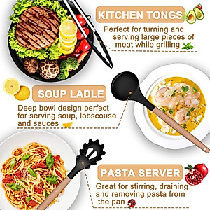 Kitchen Utensils Set, 26 Pcs Non-Stick Silicone Cooking Utensils Spatula Set with Holder, Sturdy Wooden Handle, Heat Resistance Silicone Kitchen Gadgets Utensils Set, Black