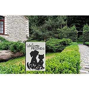 HOSNYE Welcome Friends Garden Flag 12x18 Inch Vertical Double Sided Cut Cat and Dog Black Shadow Garden Flags Rustic Farmhouse Yard Outdoor Decoration